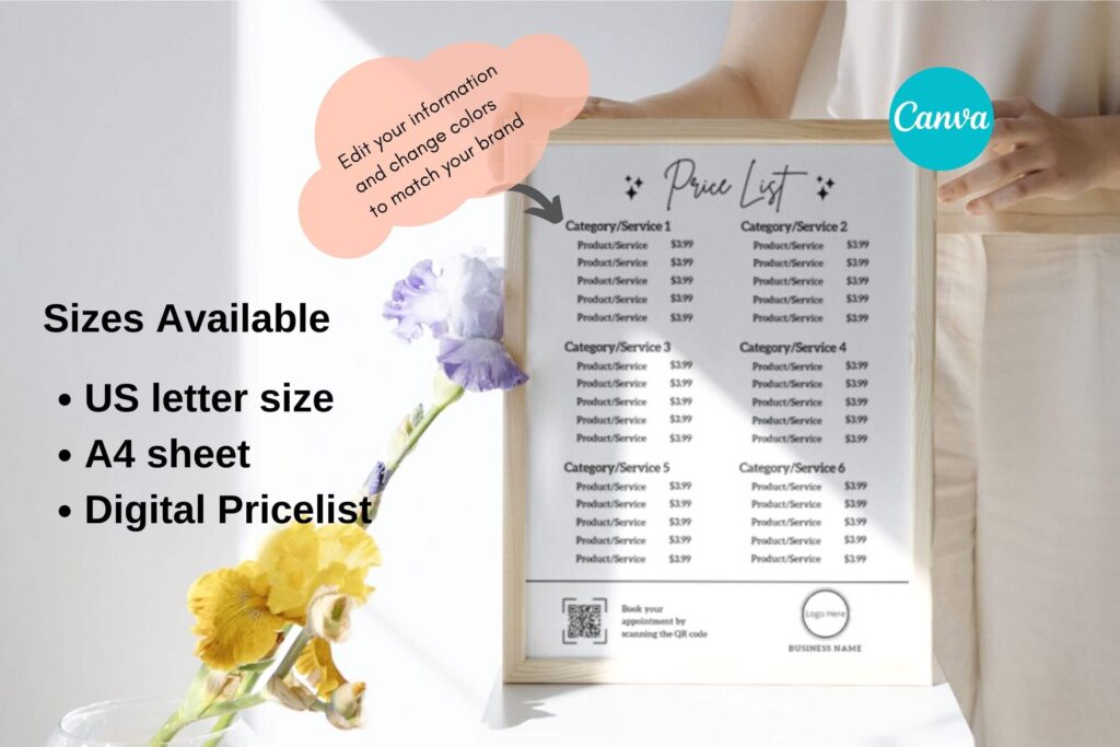 Editable Price List Template With QR Code Scan To Pay