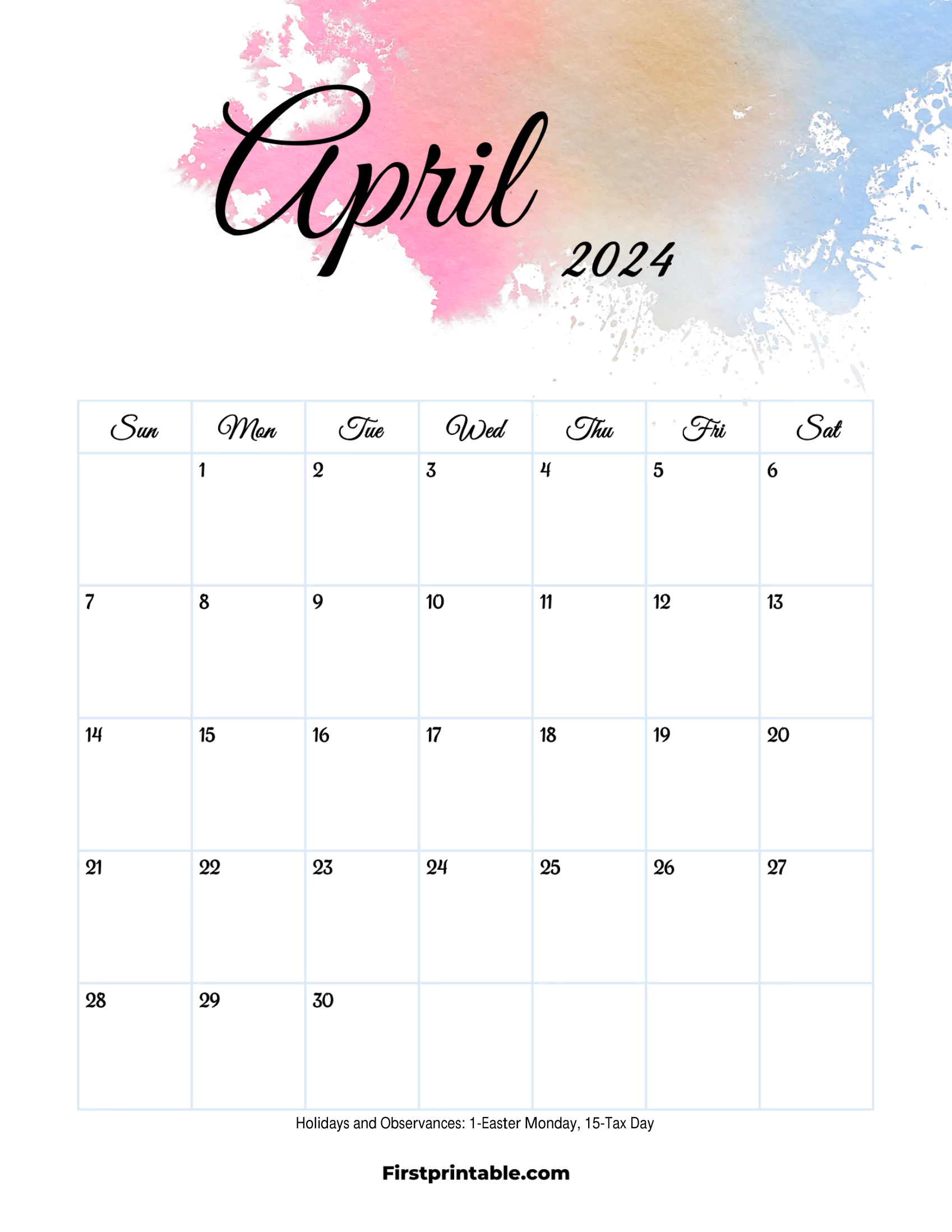 Free Printable & Fillable April Calendar 2024