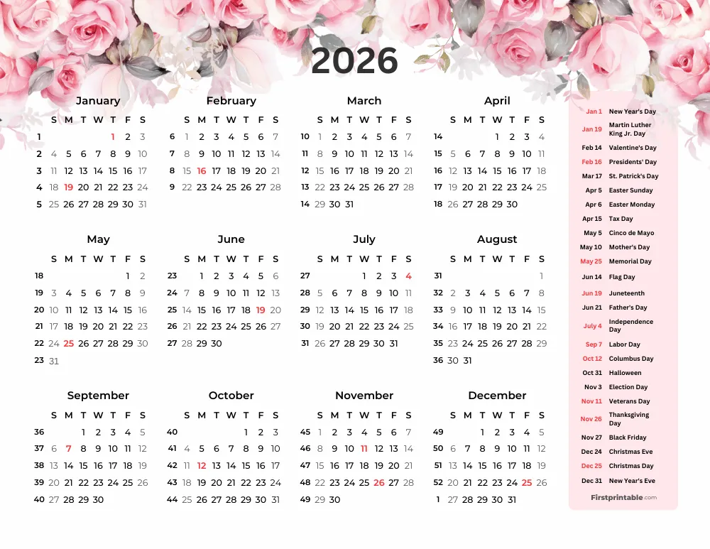 2026 Calendar With Week Numbers Free PDF Printables