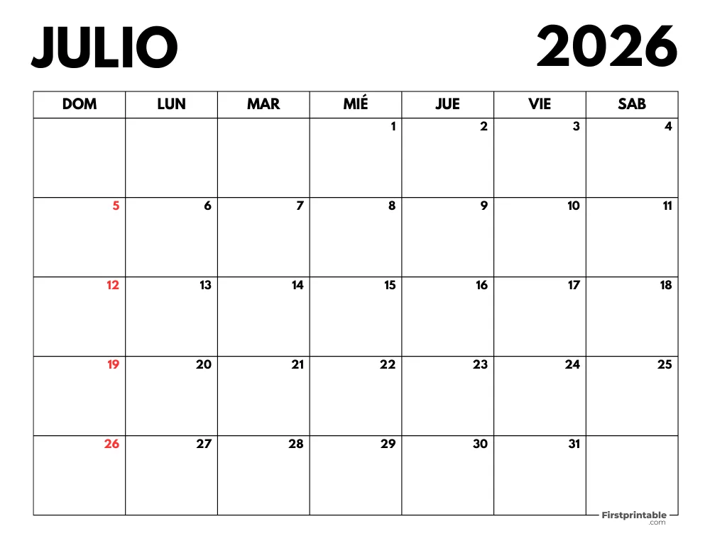 Calendario Julio 2026 Gratis Para Imprimir Y Rellenar Calendario Julio 2026 Gratis Para Imprimir Y Rellenar